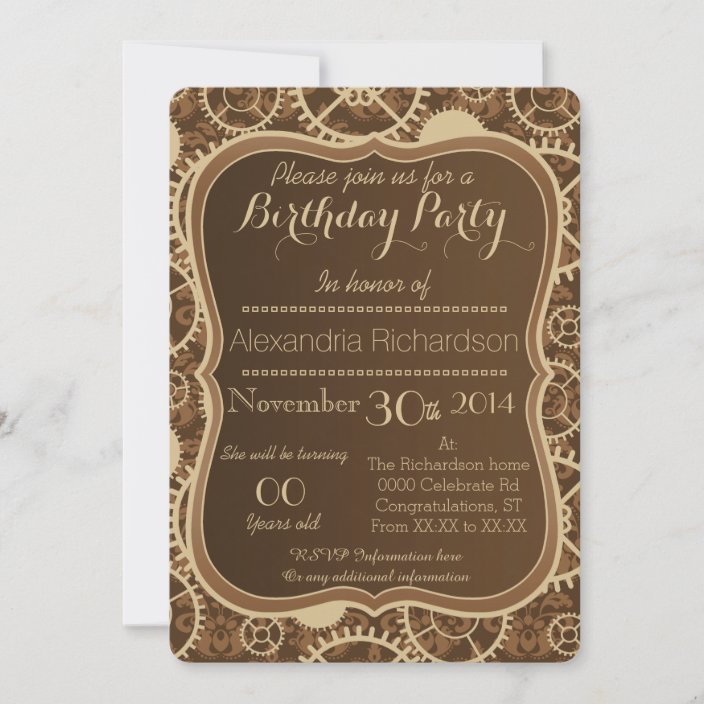Steampunk watch gear and damask birthday party invitation | Zazzle.com