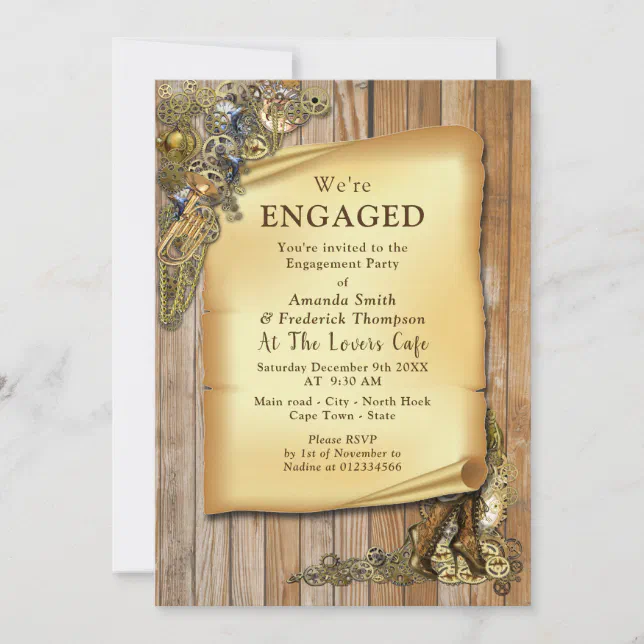 Steampunk Wedding On Wood Engagement Invitation | Zazzle