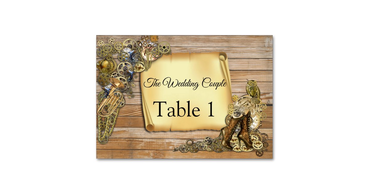 Steampunk Wedding On Wood Table cards | Zazzle
