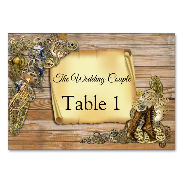 Steampunk Wedding On Wood Table cards | Zazzle
