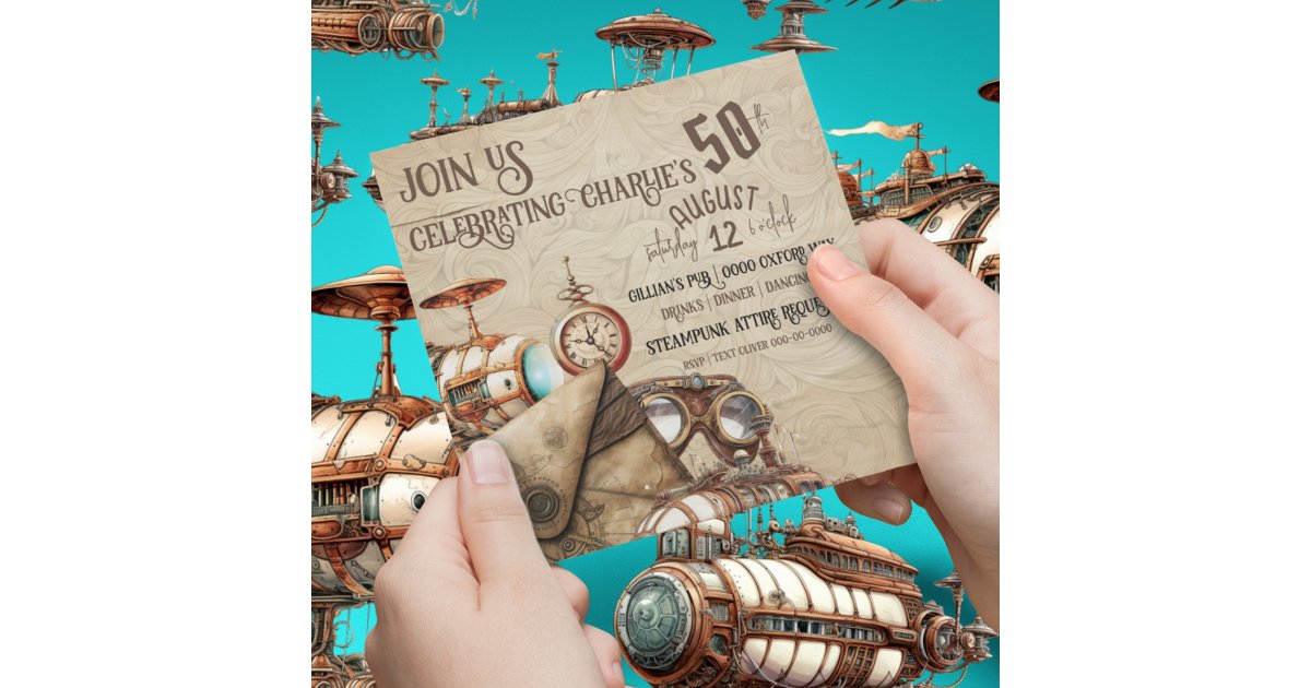 Steampunk with Blimps Maps Goggles Celebration Invitation | Zazzle