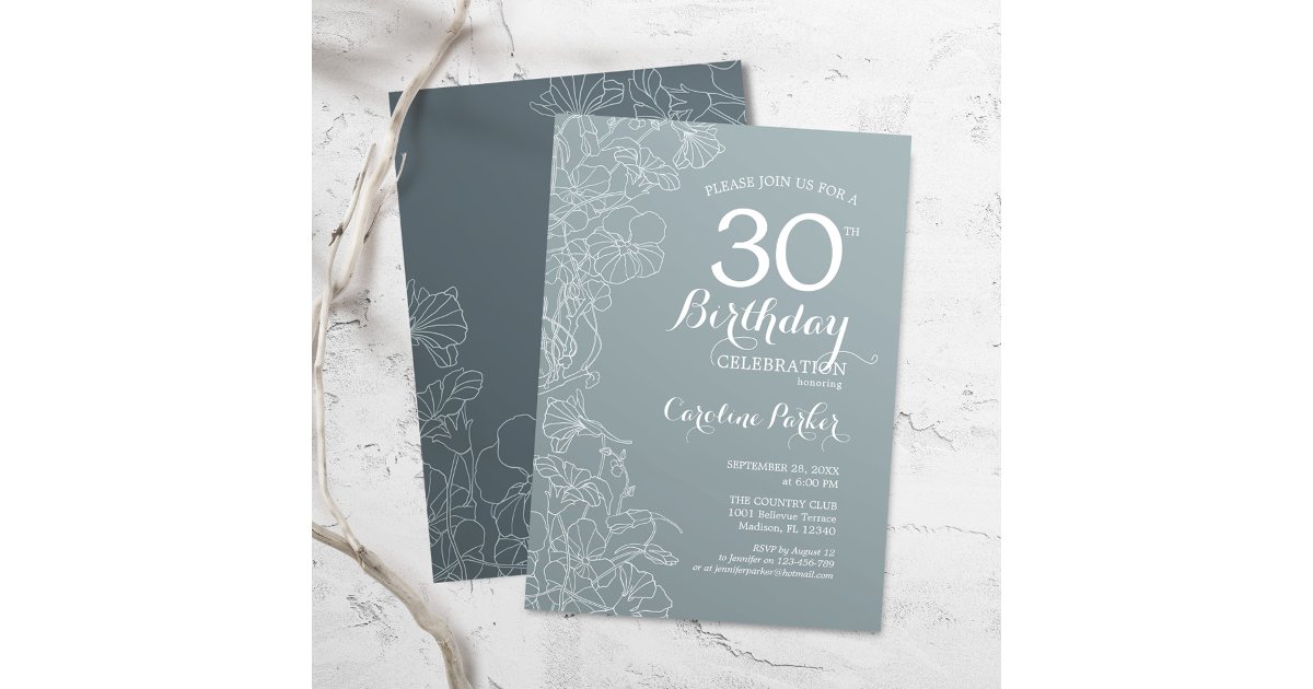 Steel Blue Floral 30th Birthday Party Invitation | Zazzle