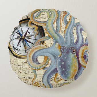 Steel Blue Octopus Music Compass Round Pillow | Zazzle