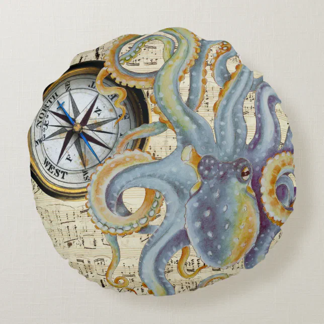 Steel Blue Octopus Music Compass Round Pillow | Zazzle