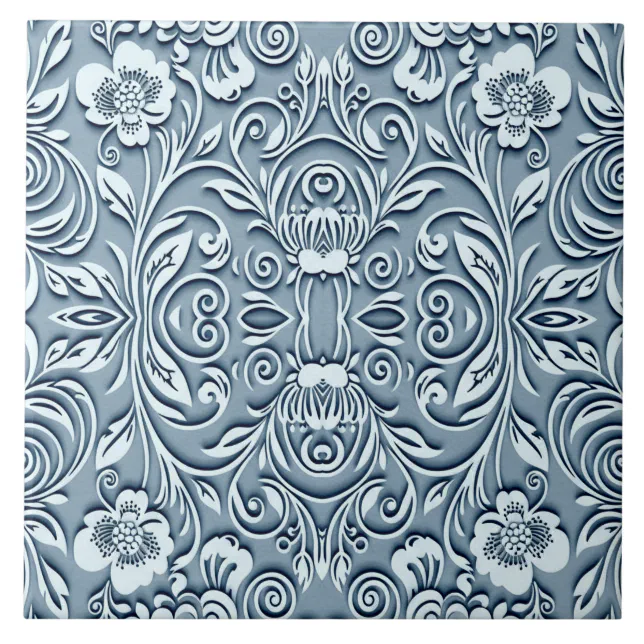 Steel Blue Symmetrical Embossed Floral Design Ceramic Tile | Zazzle