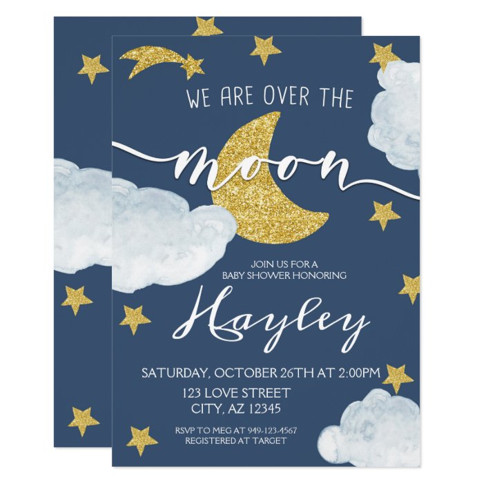 Steel Blue We are Over the Moon Baby Shower Invitation | Zazzle.com
