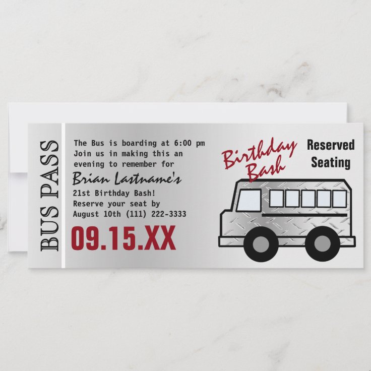 Steel Design 21st Birthday Party Bus Pass Invitation | Zazzle