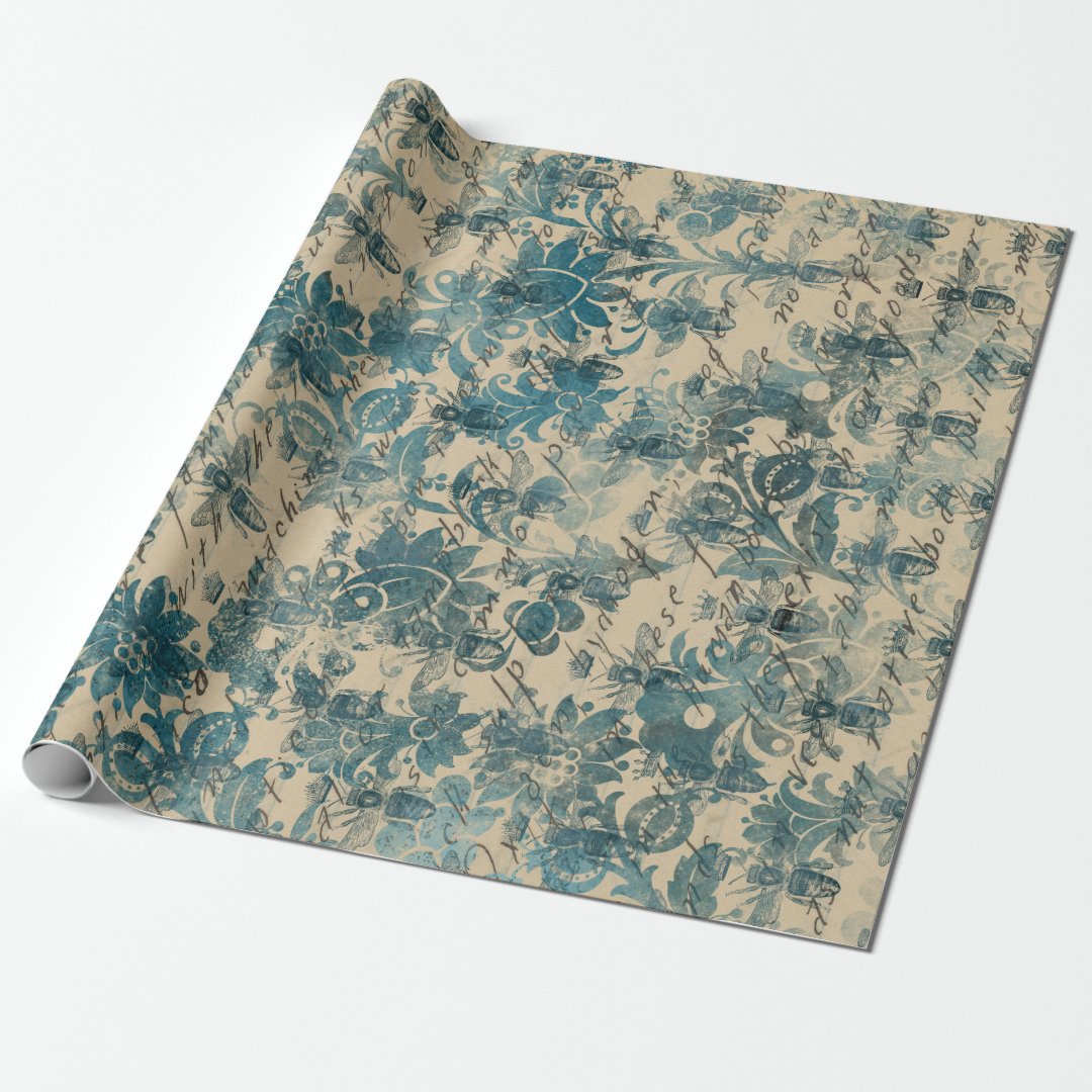 Stencil Flowers, Bees and Writing on Tan Wrapping Paper | Zazzle