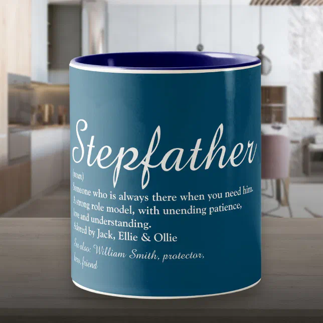 Stepfather, Stepdad Definition Modern Script Blue Two-Tone Coffee Mug ...