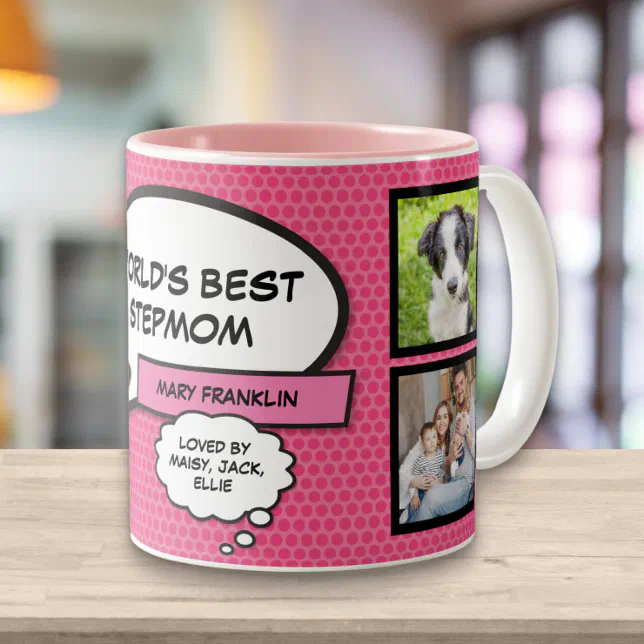 Stepmom Stepmother Bonus Mom 4 Photo Fun Pink Two Tone Coffee Mug