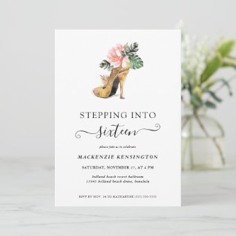 Stepping Into 16 Chic Floral Gold Heels Birthday I Invitation | Zazzle