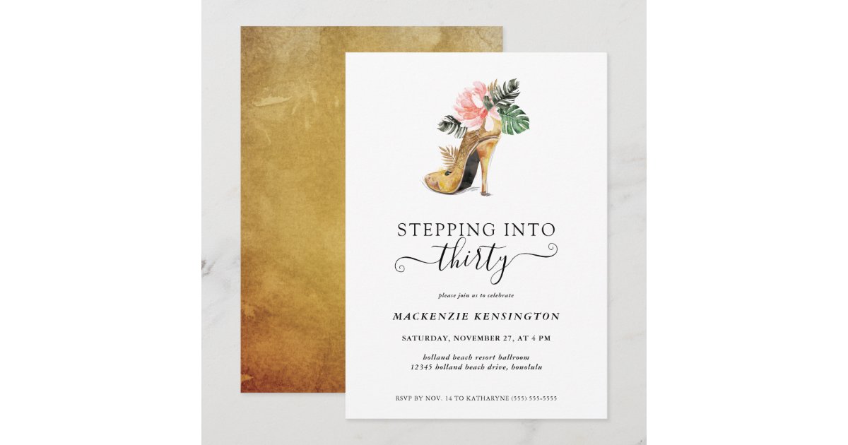 Stepping Into 30 Chic Floral Gold Heels Birthday Invitation | Zazzle