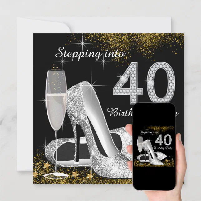 Stepping Into 40 Birthday Party Silver Gold Invitation | Zazzle