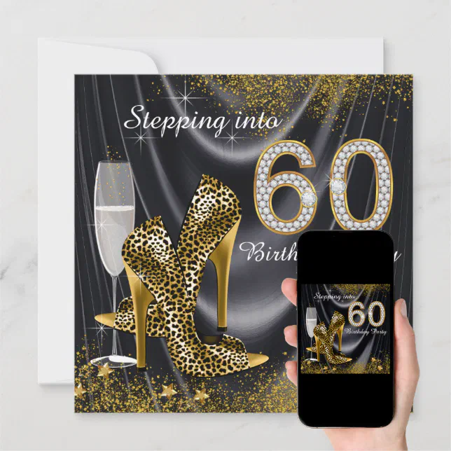 Stepping Into 60 Birthday Party Black Satin Invitation | Zazzle