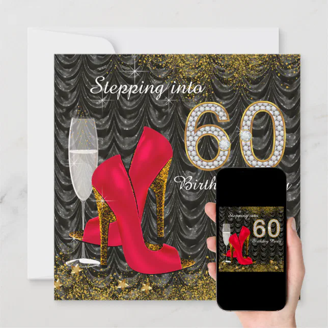 Stepping Into 60 Birthday Party Glitter Satin Red Invitation | Zazzle