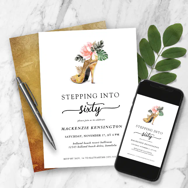 Stepping Into 60 Chic Floral Gold Heels Birthday Invitation | Zazzle