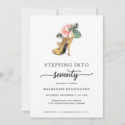 Stepping Into 70 Chic Floral Gold Heels Birthday Invitation | Zazzle