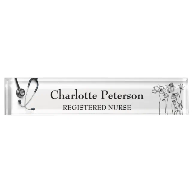Stethoscope and Wildflower Custom Doctor Nurse Desk Name Plate | Zazzle