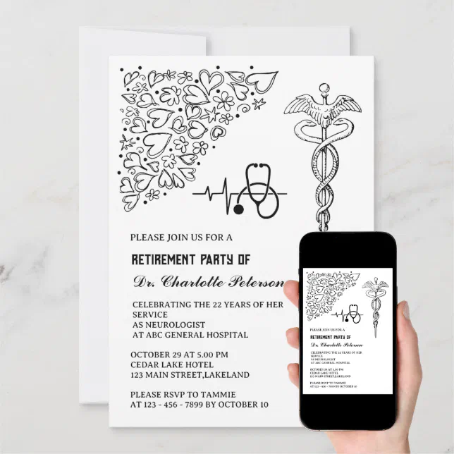 Stethoscope Caduceus Doctor Retirement Party Invitation | Zazzle