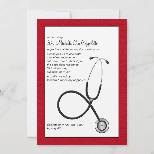 Stethoscope with Red Border Medical Graduation Inv Invitation | Zazzle