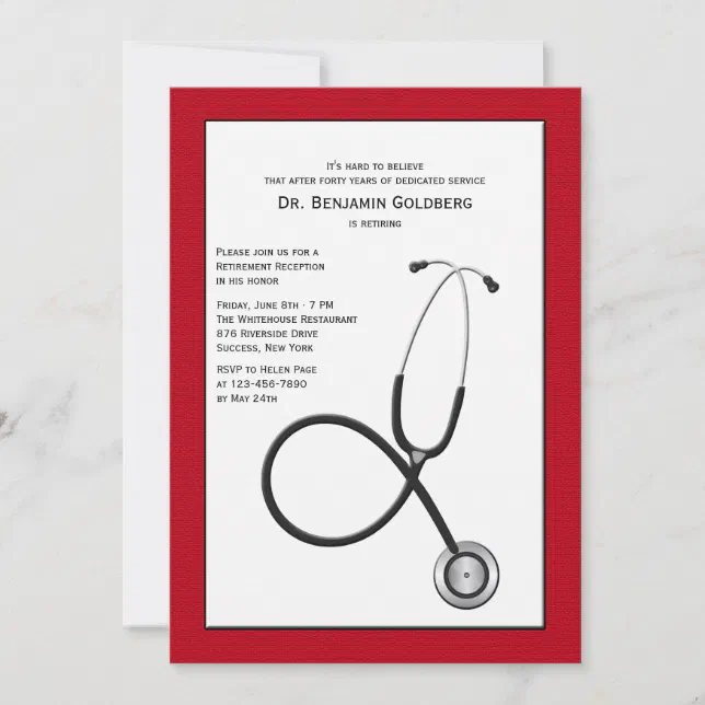 Stethoscope with Red Border Medical Retirement Inv Invitation | Zazzle