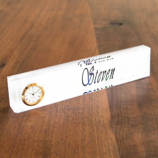 Steven, Name, Logo, Desk Name Plate With Clock. | Zazzle