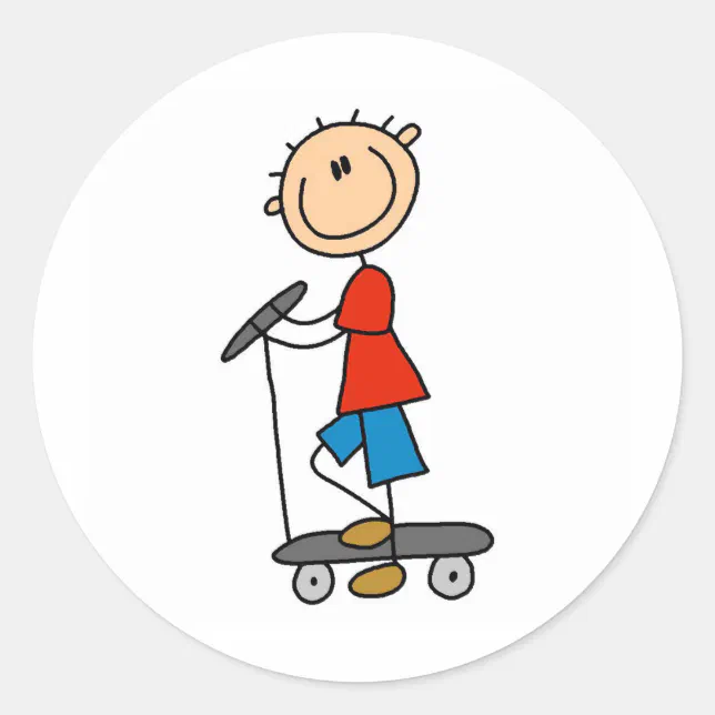 Stick Boy on Scooter Classic Round Sticker | Zazzle