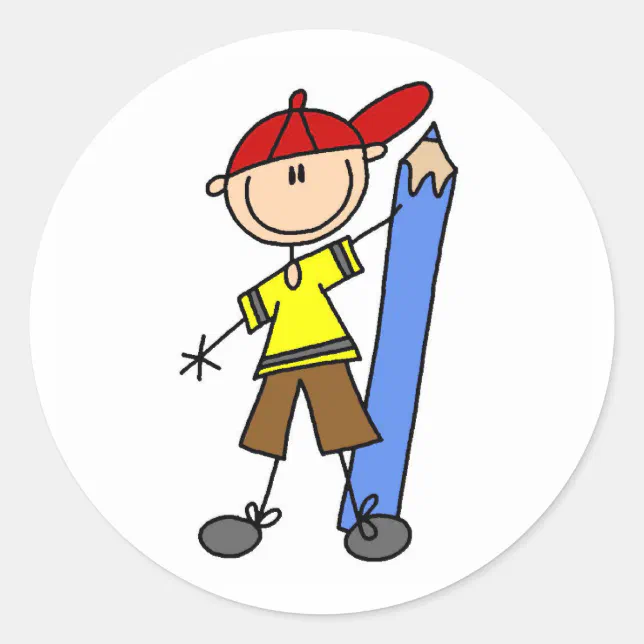 Stick Boy with Pencil Classic Round Sticker | Zazzle