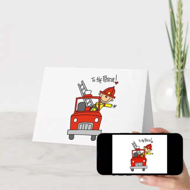 Stick Figure Firefighter with Fire Engine Cards | Zazzle