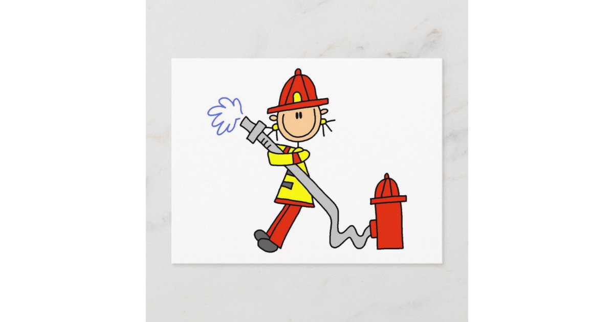 Stick Figure Firefighter with Hose Postcard | Zazzle