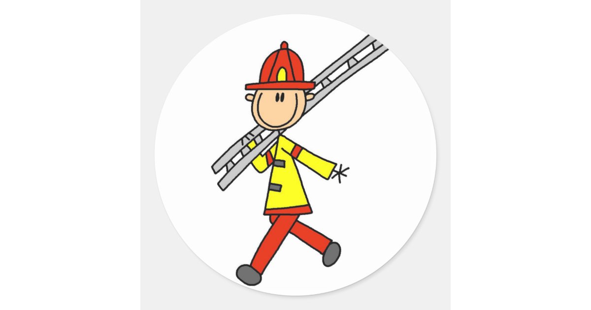 Stick Figure Firefighter with Ladder Classic Round Sticker | Zazzle