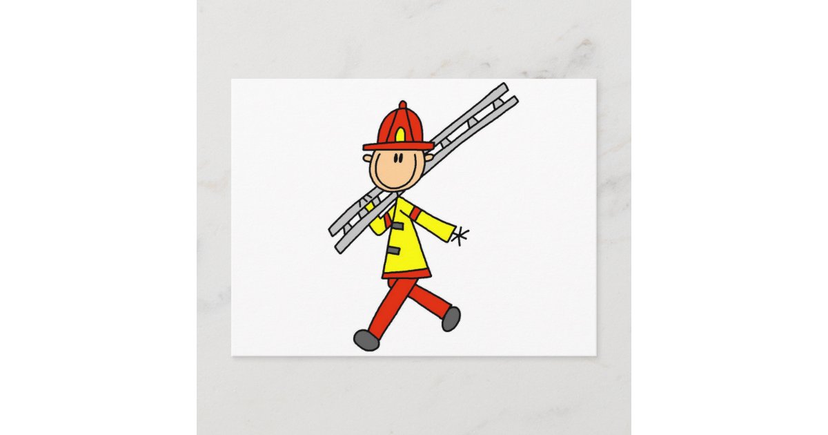 Stick Figure Firefighter with Ladder Postcard | Zazzle