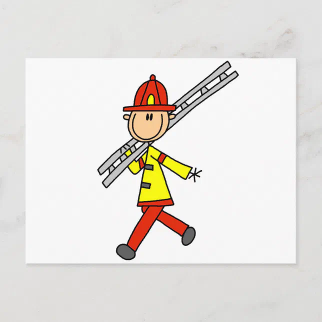Stick Figure Firefighter with Ladder Postcard | Zazzle