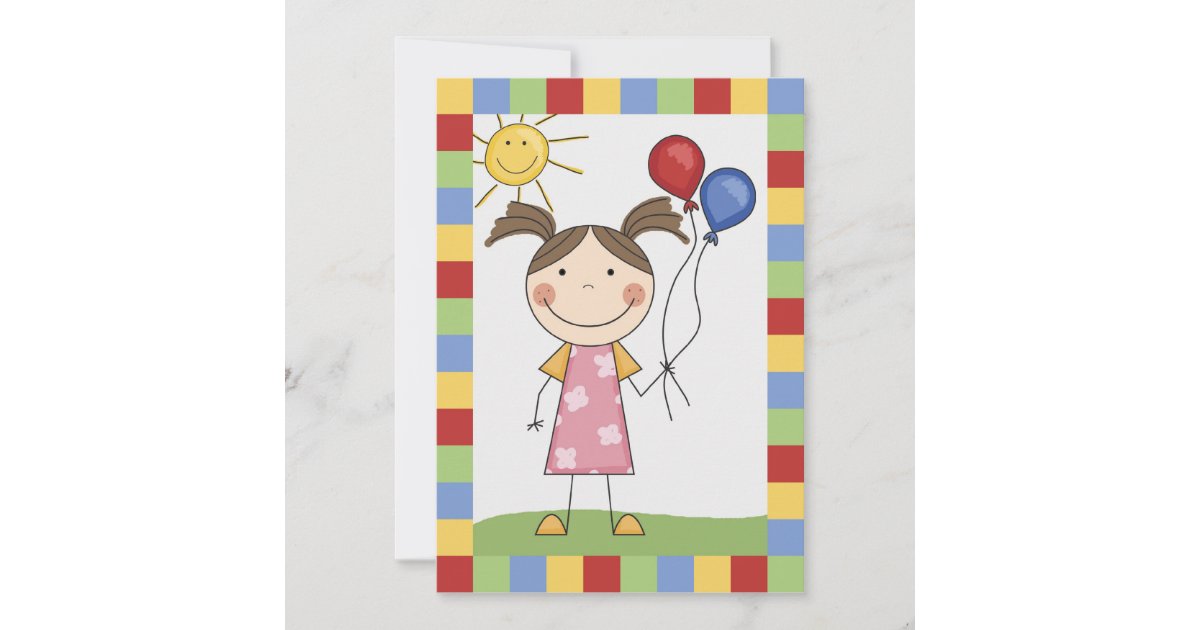 Stick Figure Girl With Balloons Birthday Invite | Zazzle