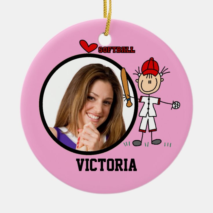 Stick Figure Girls Softball Photo Ornament | Zazzle