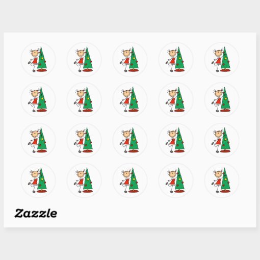 Stick Figure Holiday Tree Classic Round Sticker | Zazzle