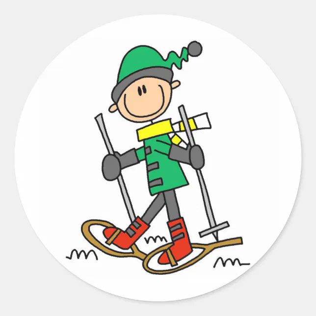 Stick Figure Snowshoeing Classic Round Sticker | Zazzle
