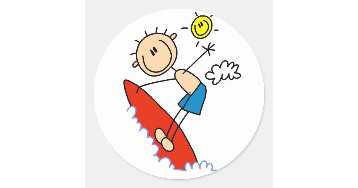 Stick Figure Surfer Boy Tshirts and Gifts Classic Round Sticker | Zazzle