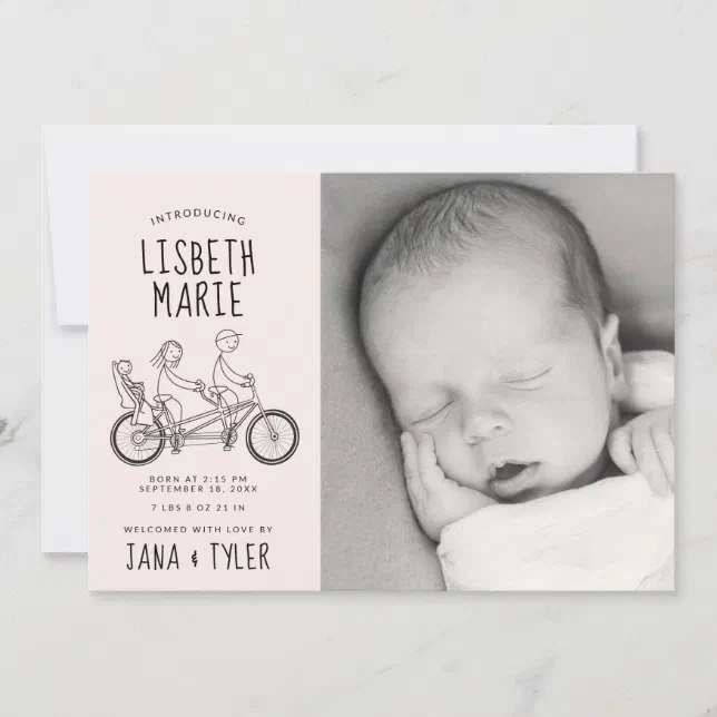 Stick figures on tandem bike with baby seat invitation | Zazzle