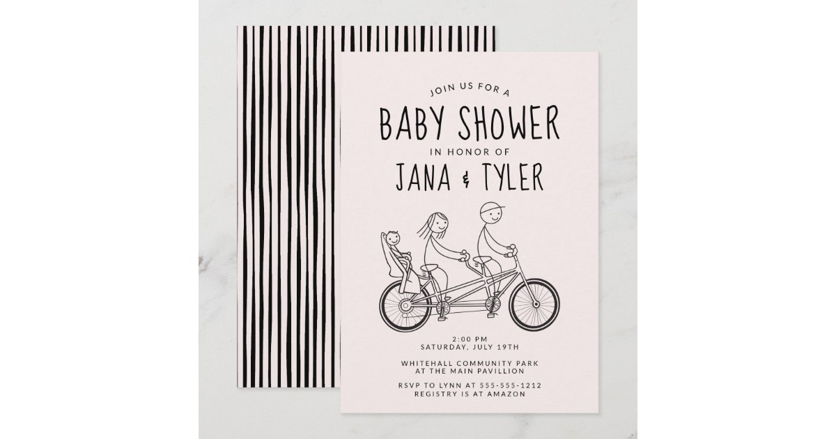 Stick figures on tandem bike with baby seat invitation | Zazzle