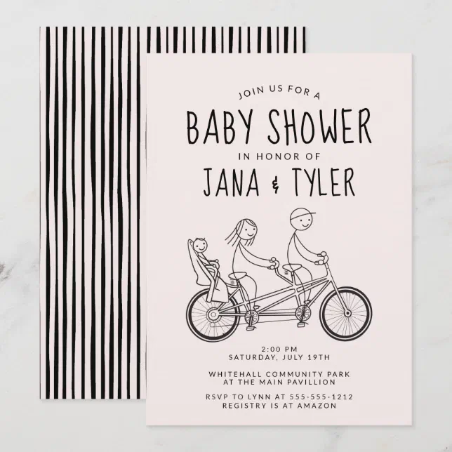 Stick figures on tandem bike with baby seat invitation | Zazzle