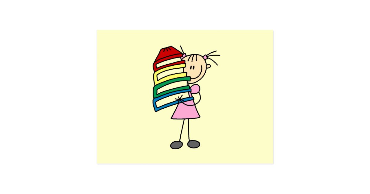 Stick Girl With Books Postcard | Zazzle.com