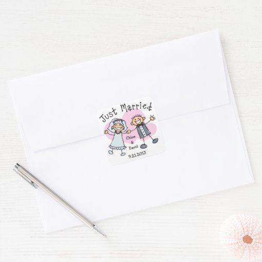 Stick People Just Married Square Sticker | Zazzle