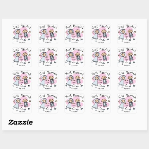 Stick People Just Married Square Sticker | Zazzle