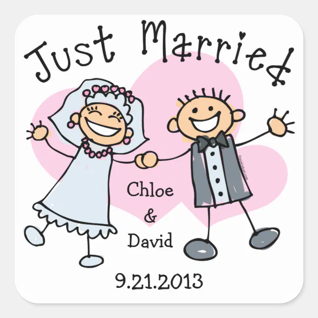 Stick People Just Married Square Sticker | Zazzle