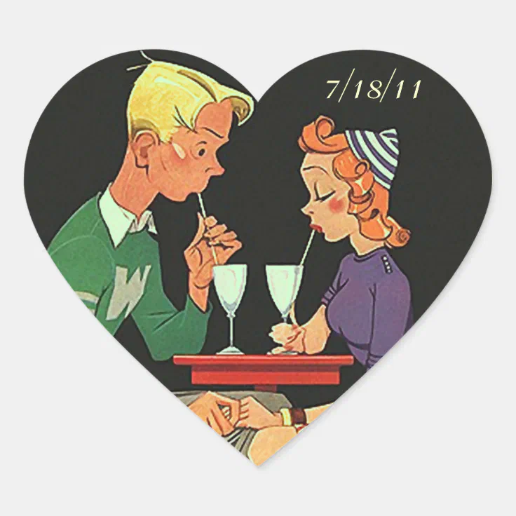 Sticker Retro Couple Dating Heart First Date | Zazzle