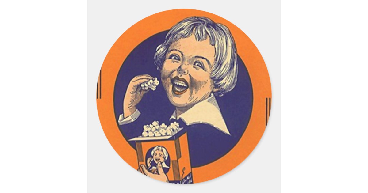 Sticker Vintage Popcorn Advertising Retro Girl Hap | Zazzle