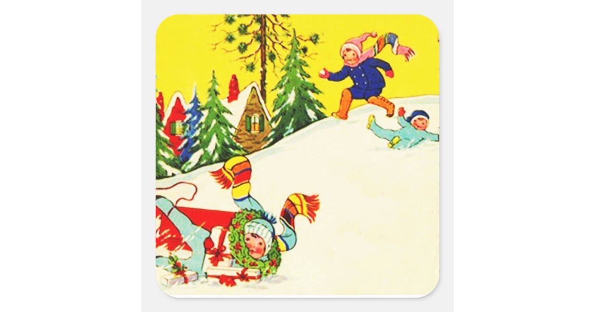 Sticker Vintage Snow Winter Holiday Fun Sledding | Zazzle