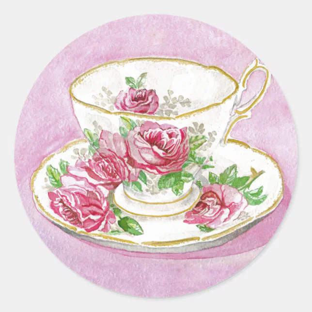 Stickers - Pink Rose Floral Teacup & Saucer | Zazzle