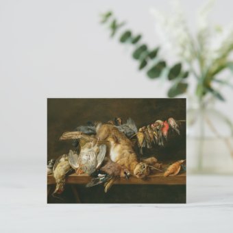 Still life of dead birds and a hare on a table postcard | Zazzle